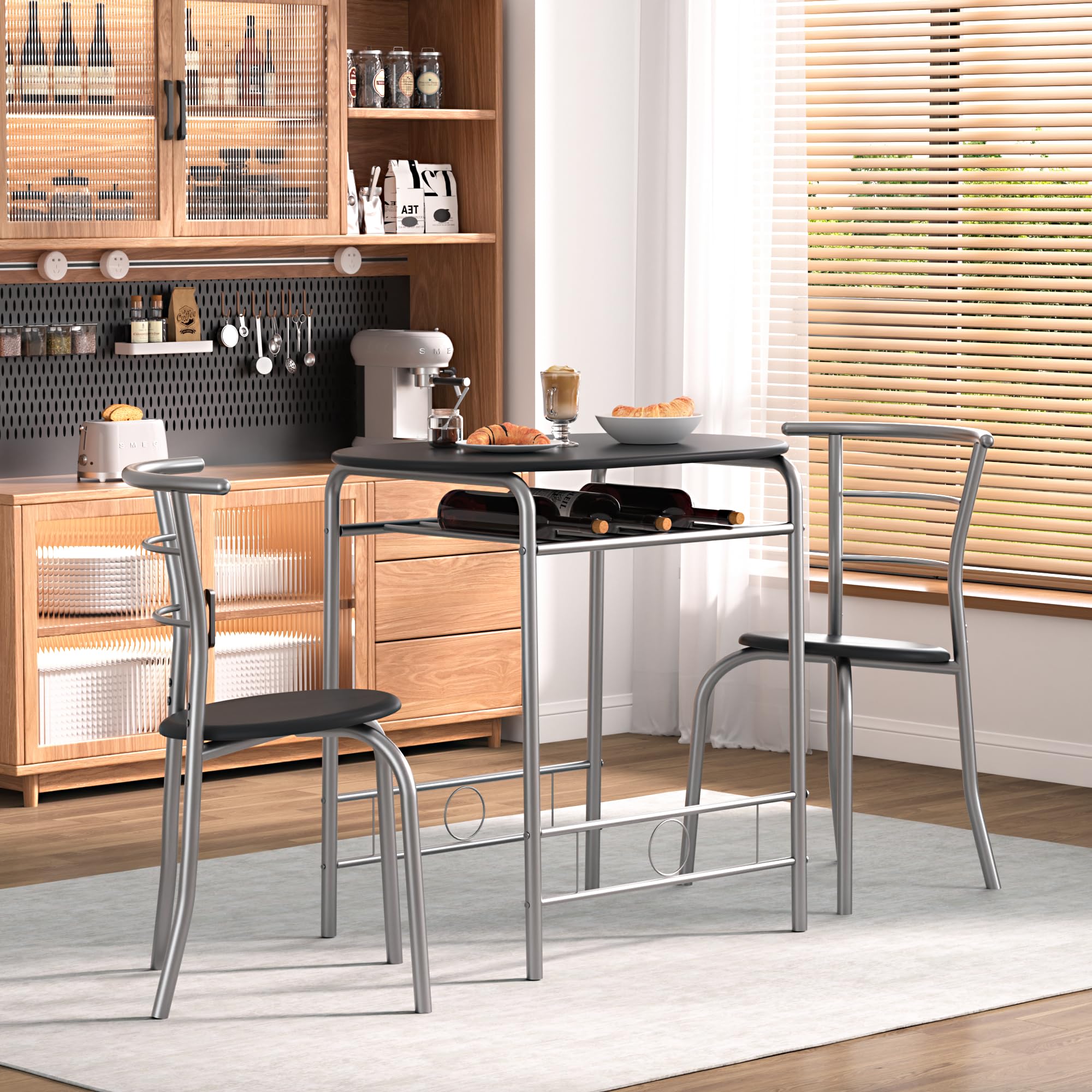 VECELO 3 Piece Small Round Dining Table Set for Kitchen Breakfast Nook, Wood Grain Tabletop with Wine Storage Rack, Save Space, 31.5", Black & Silver