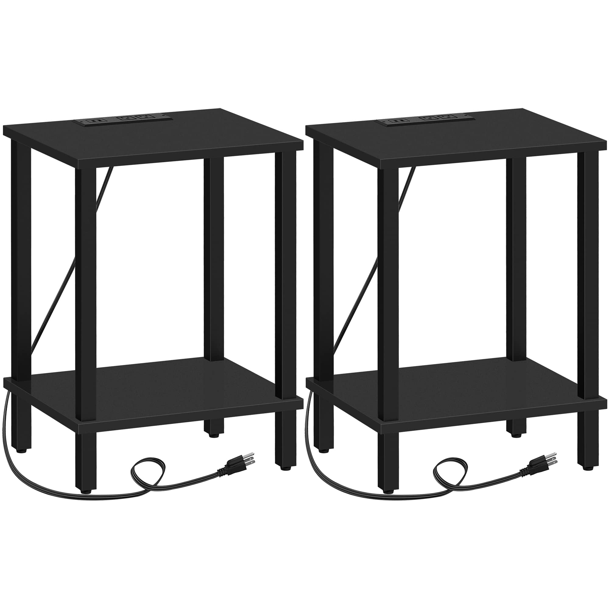 TUTOTAK End Table with Charging Station, Set of 2, Side Table with USB Ports and Outlets, Nightstand, 2-Tier Storage Shelf, Sofa Table for Small Space, Living Room, Bed Room TB01BK041