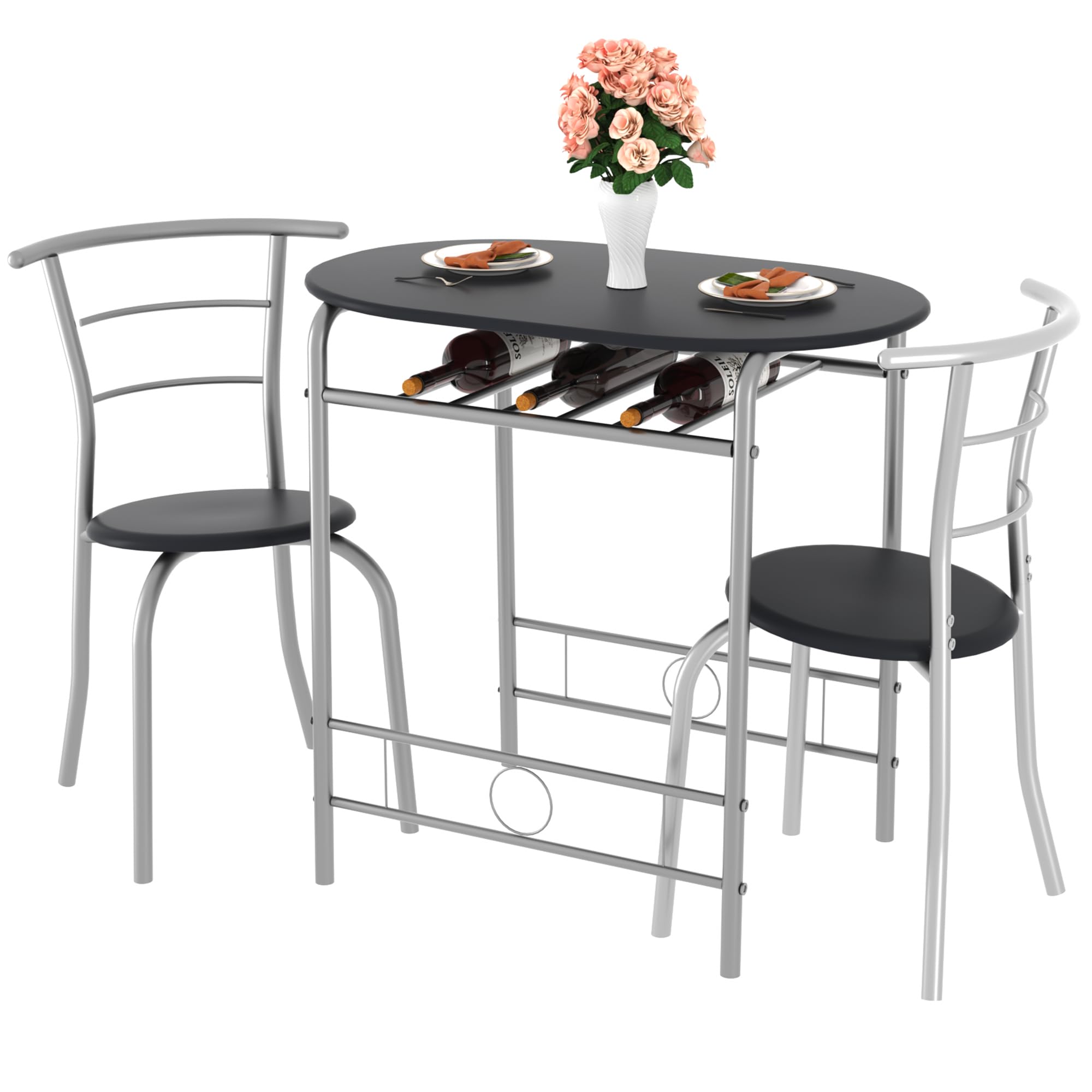 VECELO 3 Piece Small Round Dining Table Set for Kitchen Breakfast Nook, Wood Grain Tabletop with Wine Storage Rack, Save Space, 31.5", Black & Silver