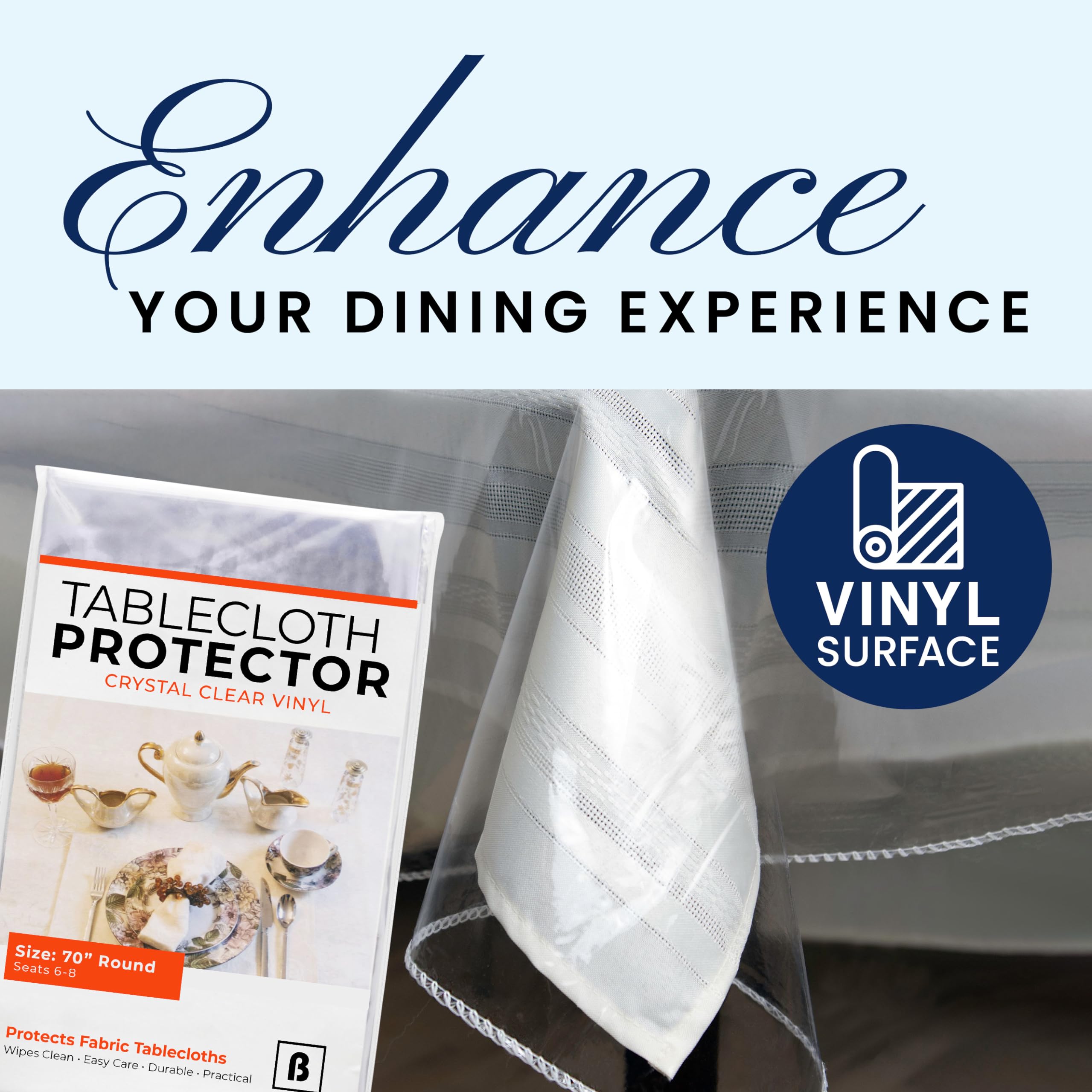 BRODER MFG. INC. Tablecloth Protector Crystal Clear Vinyl (70" Round) | Thick, Durable Clear Table/Tablecloth Protector | Perfect for Parties, Special Occasions, Gatherings, and Everyday Use