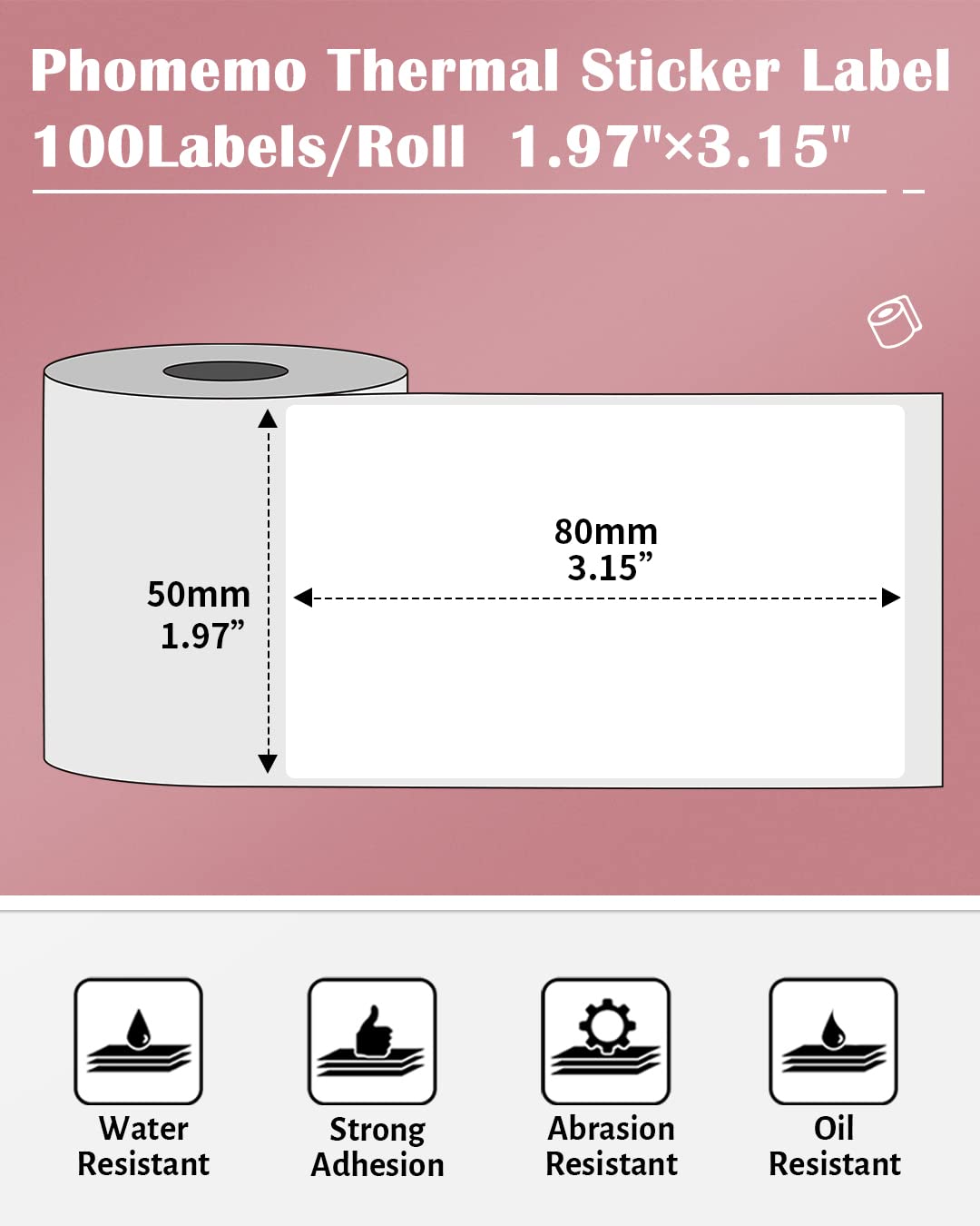 Multi-Purpose Square Self-Adhesive Label for Phomemo M110/M221/M220/M120/M200 Label Printer,1.97"x3.15"(50x80mm),100 Labels/Roll, Black on White