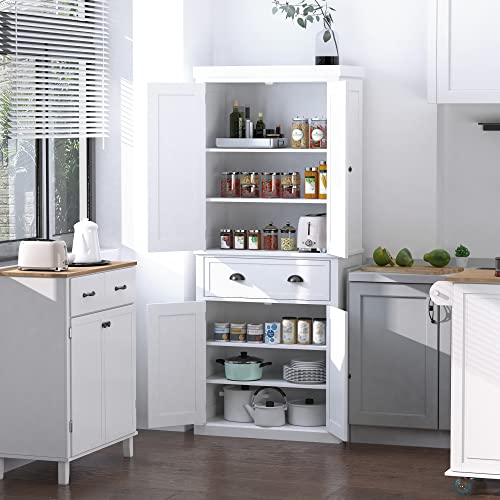 HOMCOM 72" Traditional Freestanding Kitchen Pantry Cupboard with 2 Cabinet, Drawer and Adjustable Shelves, White