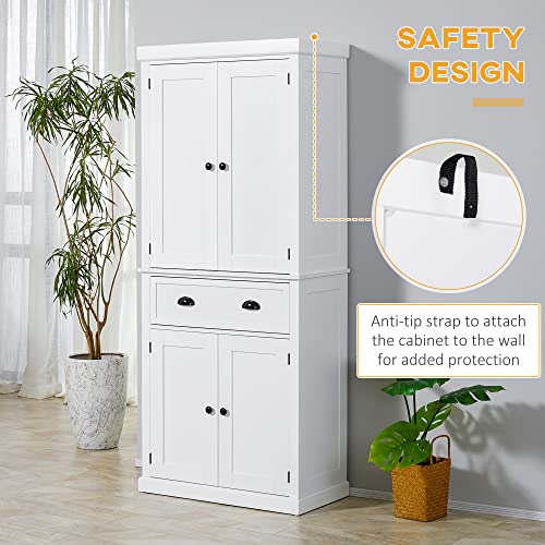 HOMCOM 72" Traditional Freestanding Kitchen Pantry Cupboard with 2 Cabinet, Drawer and Adjustable Shelves, White