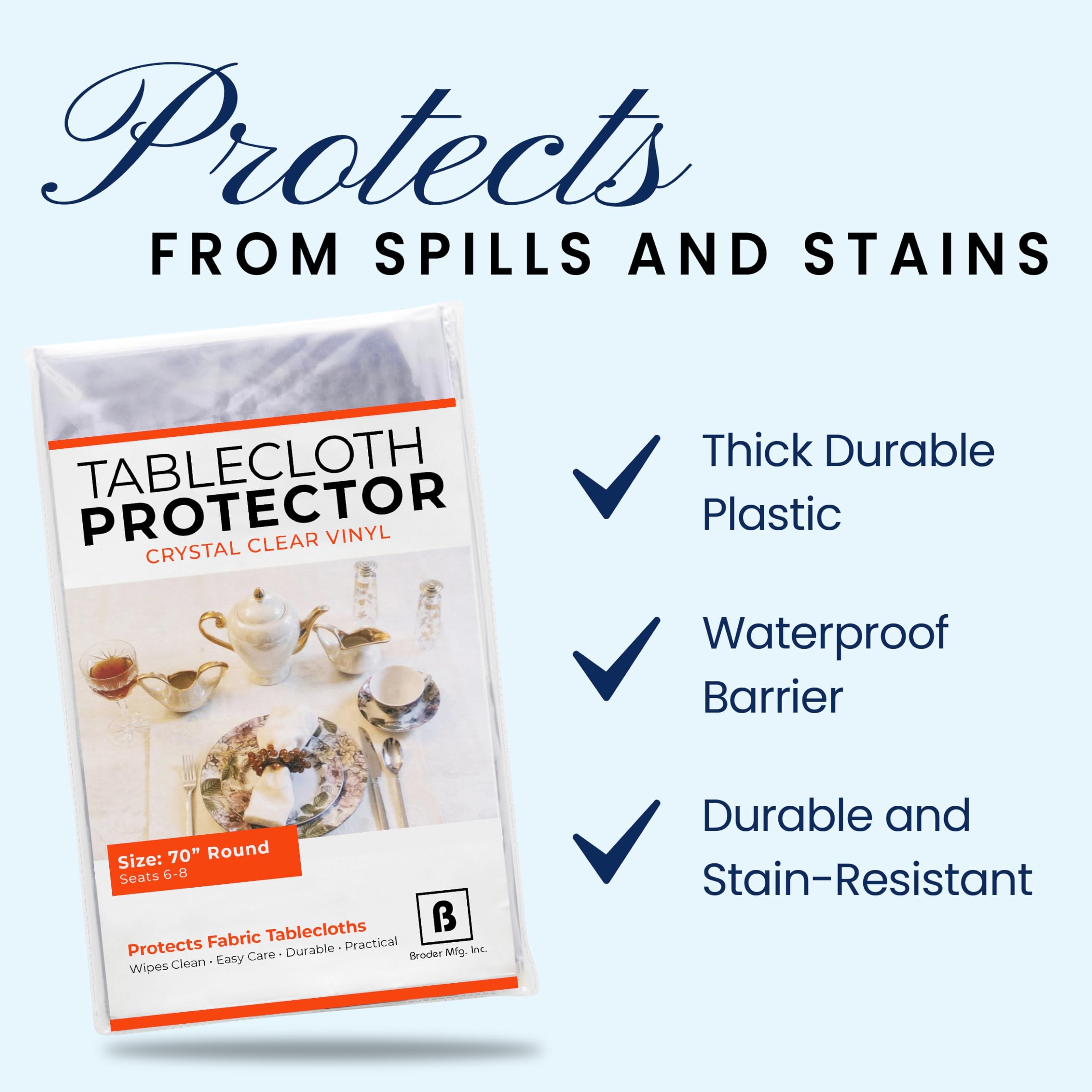 BRODER MFG. INC. Tablecloth Protector Crystal Clear Vinyl (70" Round) | Thick, Durable Clear Table/Tablecloth Protector | Perfect for Parties, Special Occasions, Gatherings, and Everyday Use