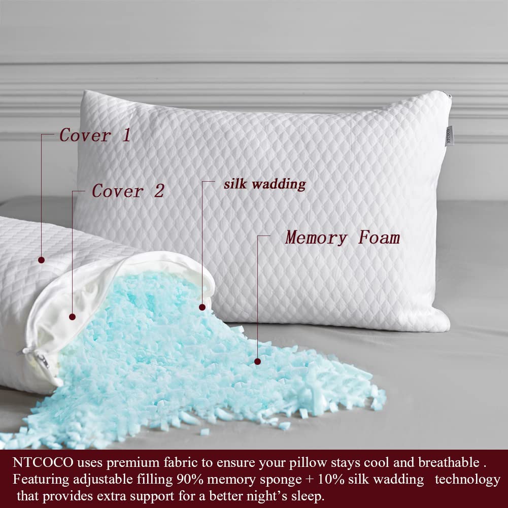 NTCOCO Pillow, Shredded Memory Foam Bed Pillows for Sleeping, with Washable Removable Cooling Hypoallergenic Sleep Pillow for Back and Side Sleeper, King (1-Pack)