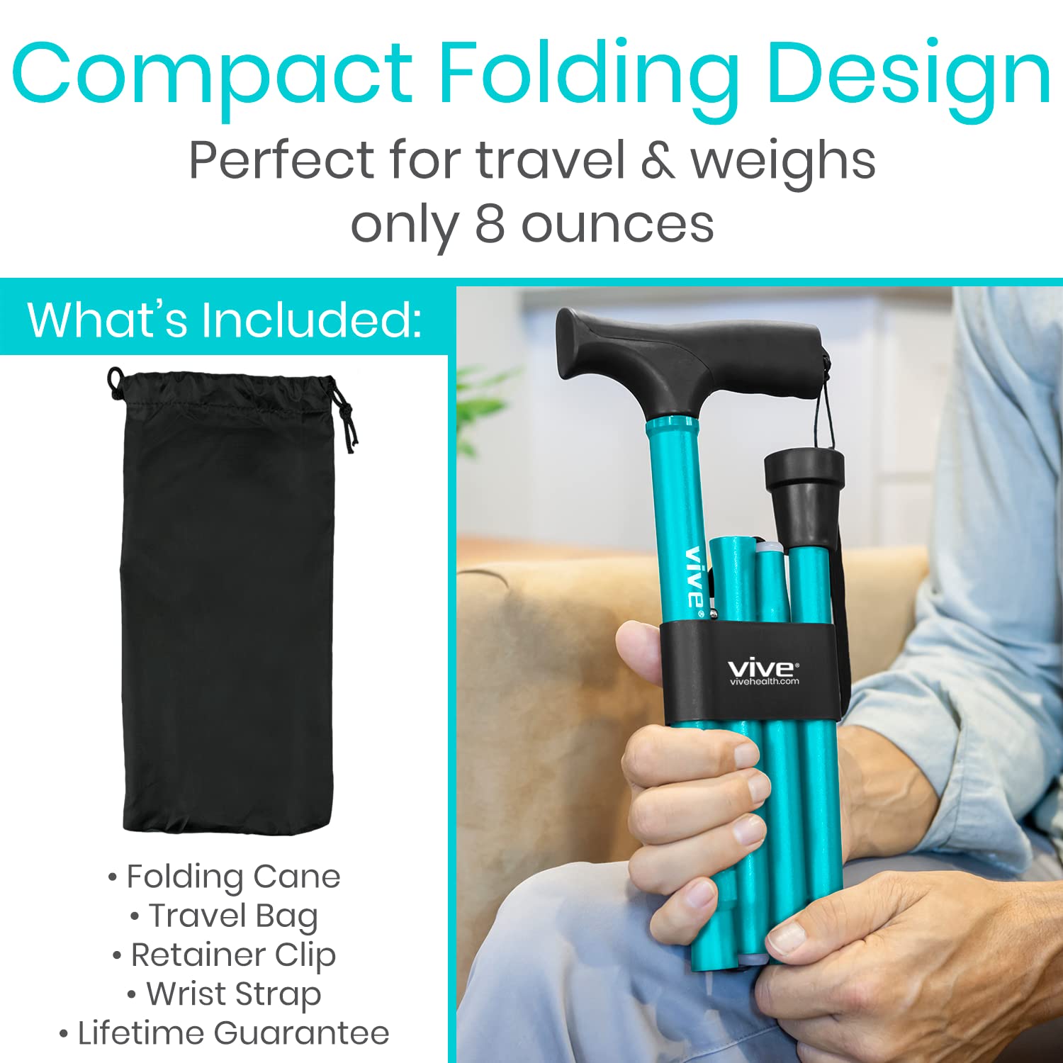 Vive Folding Cane - Foldable Walking Cane for Men, Women - Fold-up, Collapsible, Lightweight, Adjustable, Portable Hand Walking Stick - Balancing Mobility Aid - Sleek, Comfortable T Handles (Teal)