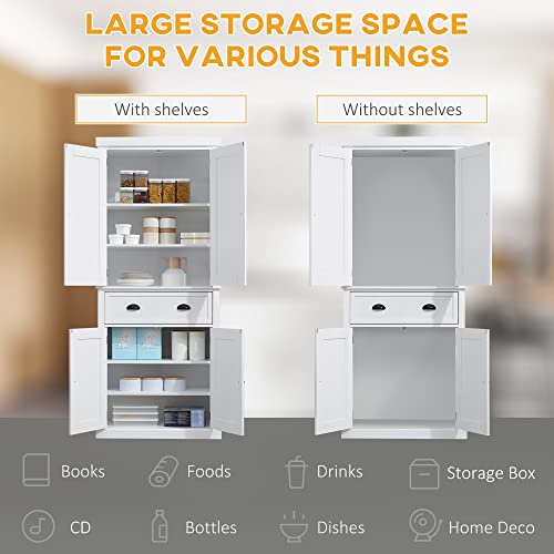 HOMCOM 72" Traditional Freestanding Kitchen Pantry Cupboard with 2 Cabinet, Drawer and Adjustable Shelves, White
