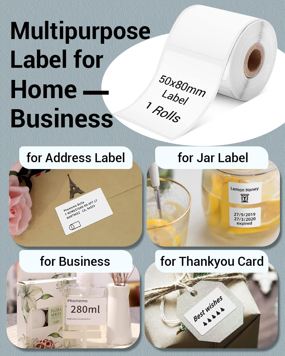 Multi-Purpose Square Self-Adhesive Label for Phomemo M110/M221/M220/M120/M200 Label Printer,1.97"x3.15"(50x80mm),100 Labels/Roll, Black on White