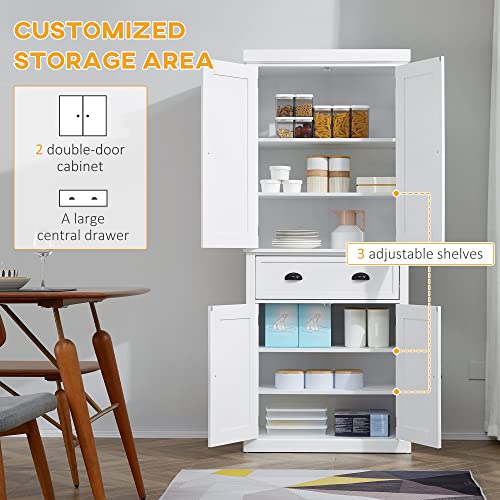 HOMCOM 72" Traditional Freestanding Kitchen Pantry Cupboard with 2 Cabinet, Drawer and Adjustable Shelves, White