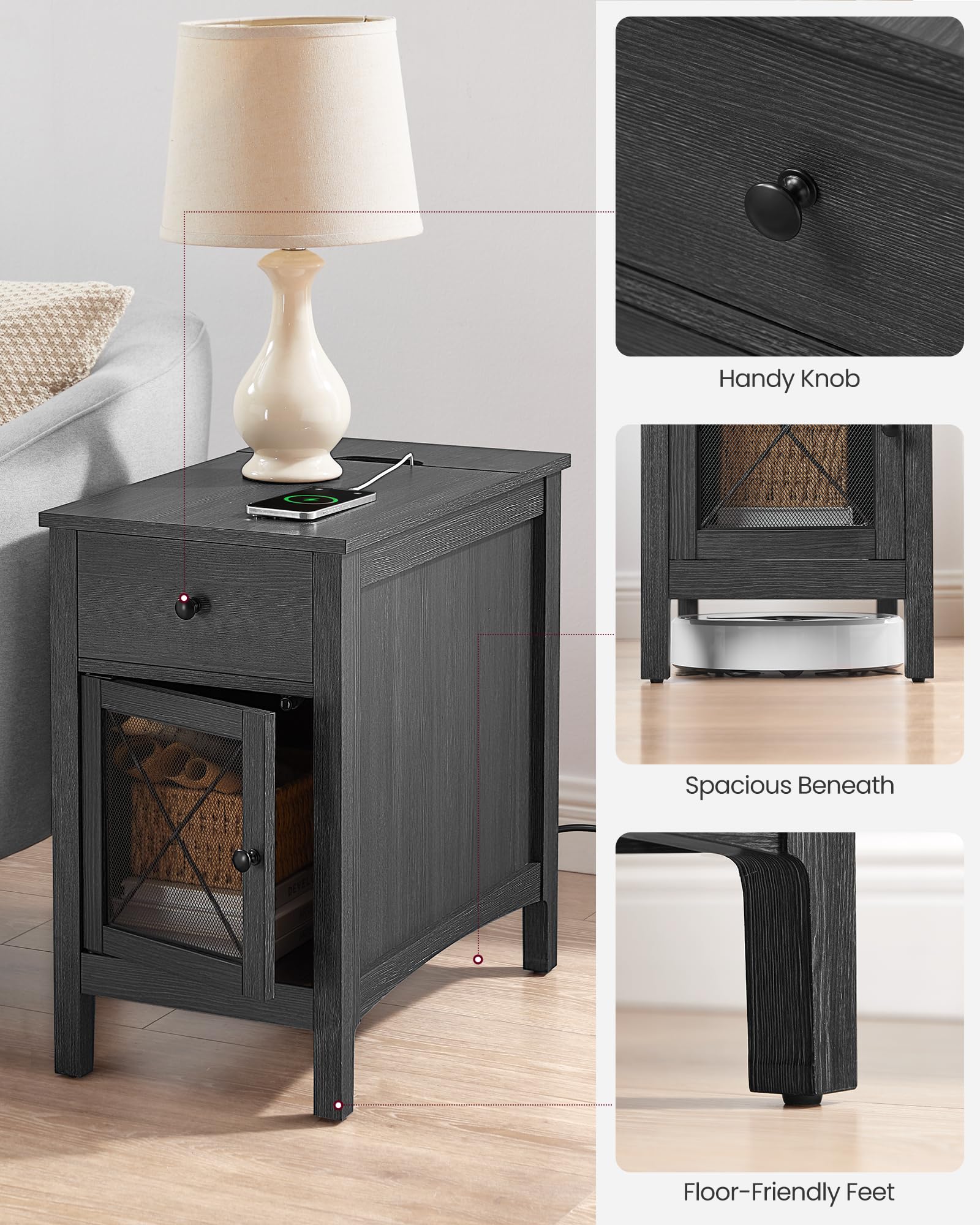 VASAGLE Side Table with Storage, End Table with USB Ports and Outlets, Nightstand with Charging Station, Drawer, Storage Cabinet, Magazine Rack, for Living Room, Bedroom, Charcoal Gray ULET312T22