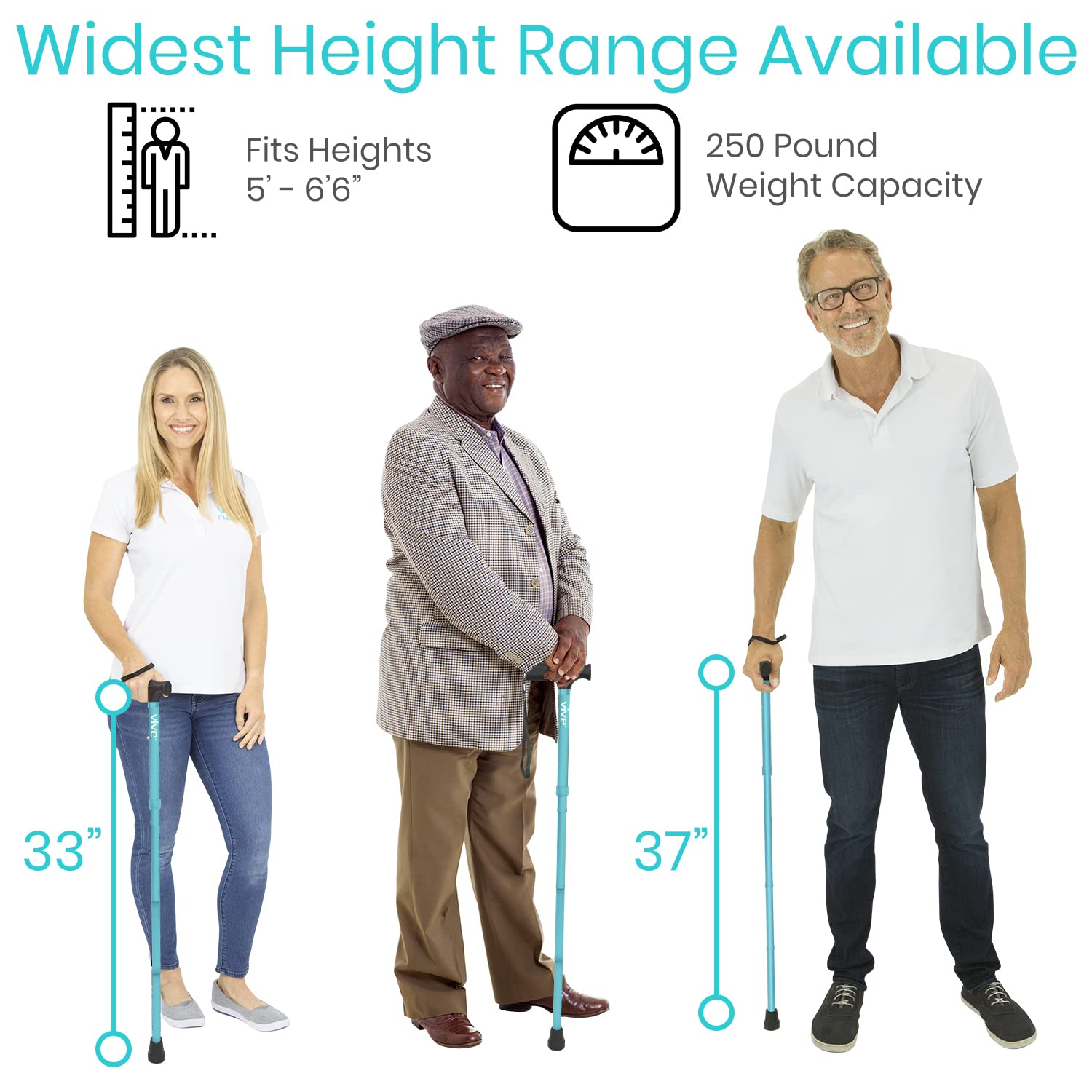 Vive Folding Cane - Foldable Walking Cane for Men, Women - Fold-up, Collapsible, Lightweight, Adjustable, Portable Hand Walking Stick - Balancing Mobility Aid - Sleek, Comfortable T Handles (Teal)