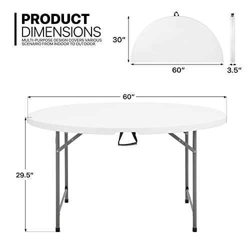 MoNiBloom 5Ft Round Folding Table, Indoor Outdoor Plastic Dining Card Table with Handle and Lock for Picnic Party Banquet Wedding, White Toptable Gray Legs