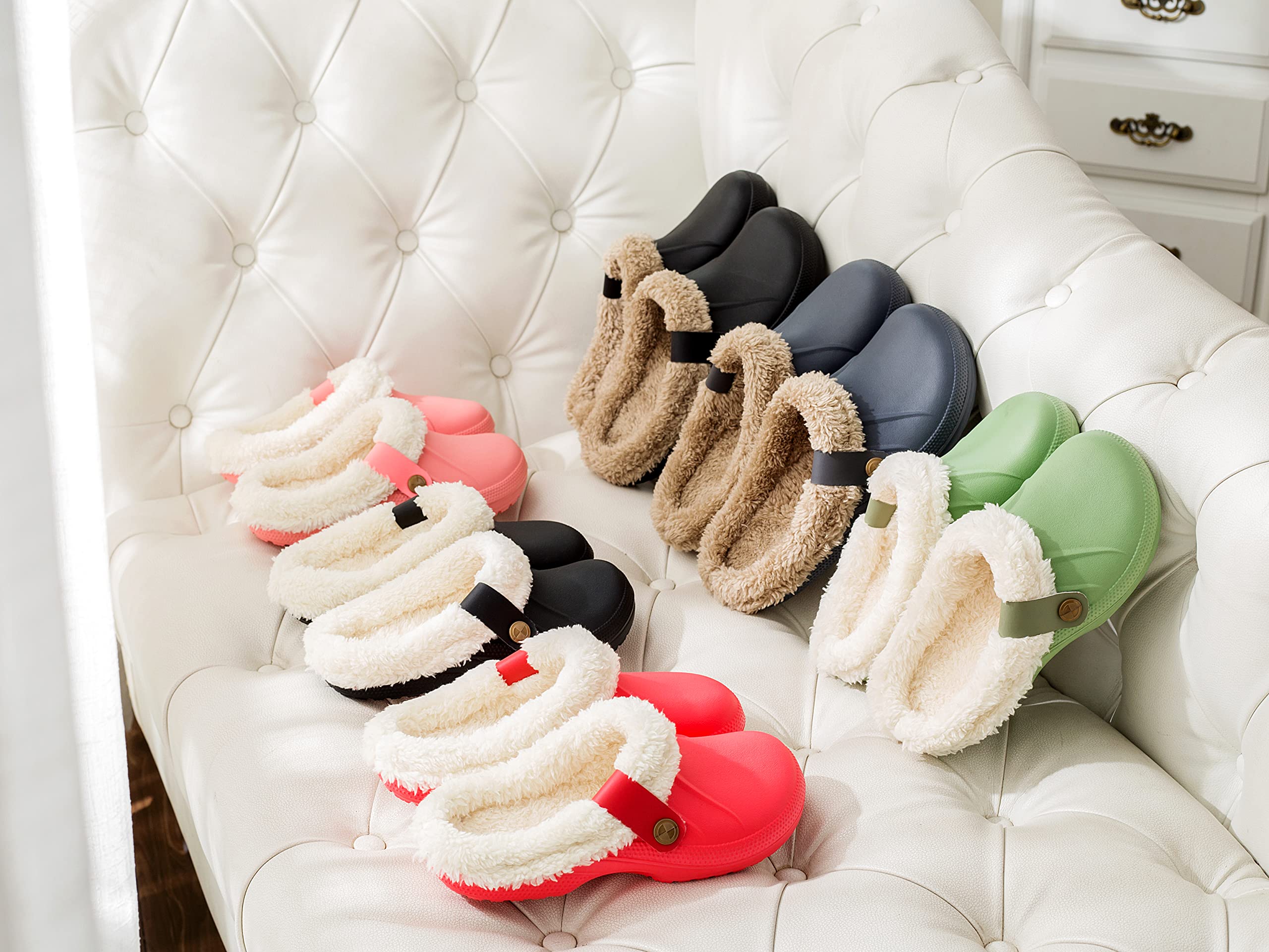 Reenloon Waterproof Slippers Women Men Fur Lined Clogs Winter Classic Outdoor Garden Comfy Warm Non-Slip Slippers