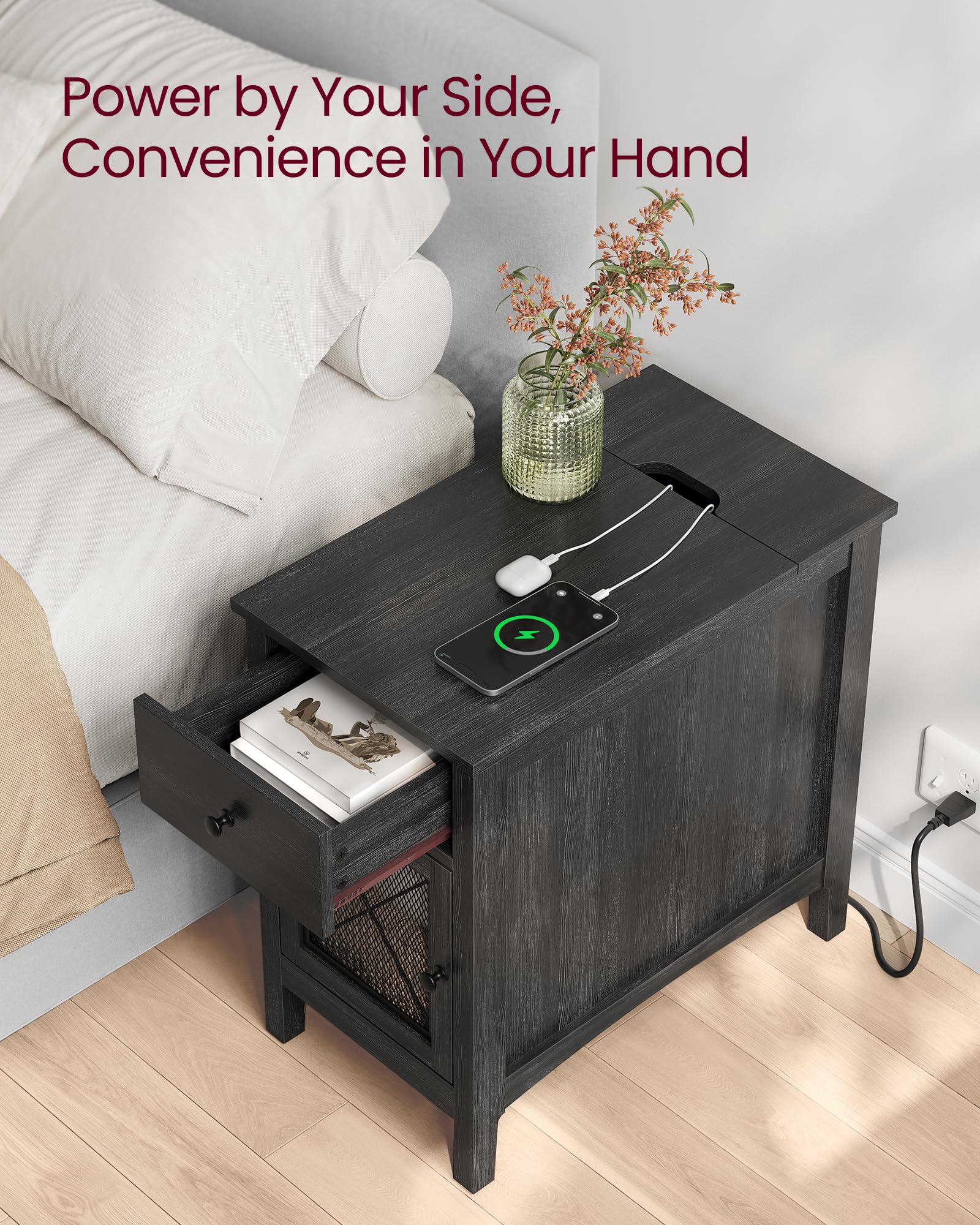VASAGLE Side Table with Storage, End Table with USB Ports and Outlets, Nightstand with Charging Station, Drawer, Storage Cabinet, Magazine Rack, for Living Room, Bedroom, Charcoal Gray ULET312T22