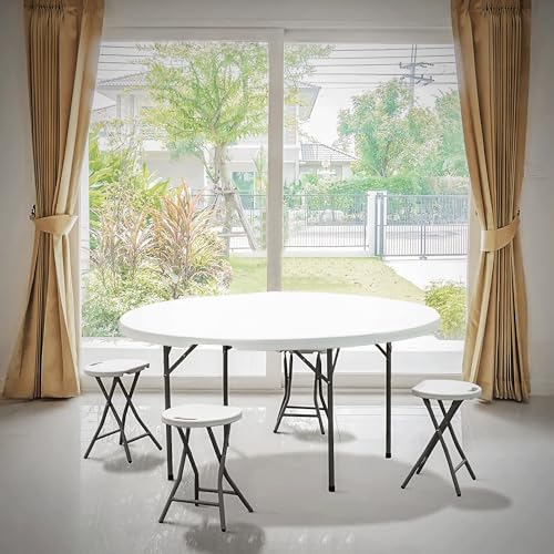 MoNiBloom 5Ft Round Folding Table, Indoor Outdoor Plastic Dining Card Table with Handle and Lock for Picnic Party Banquet Wedding, White Toptable Gray Legs
