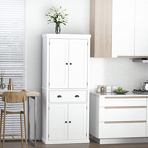 HOMCOM 72" Traditional Freestanding Kitchen Pantry Cupboard with 2 Cabinet, Drawer and Adjustable Shelves, White