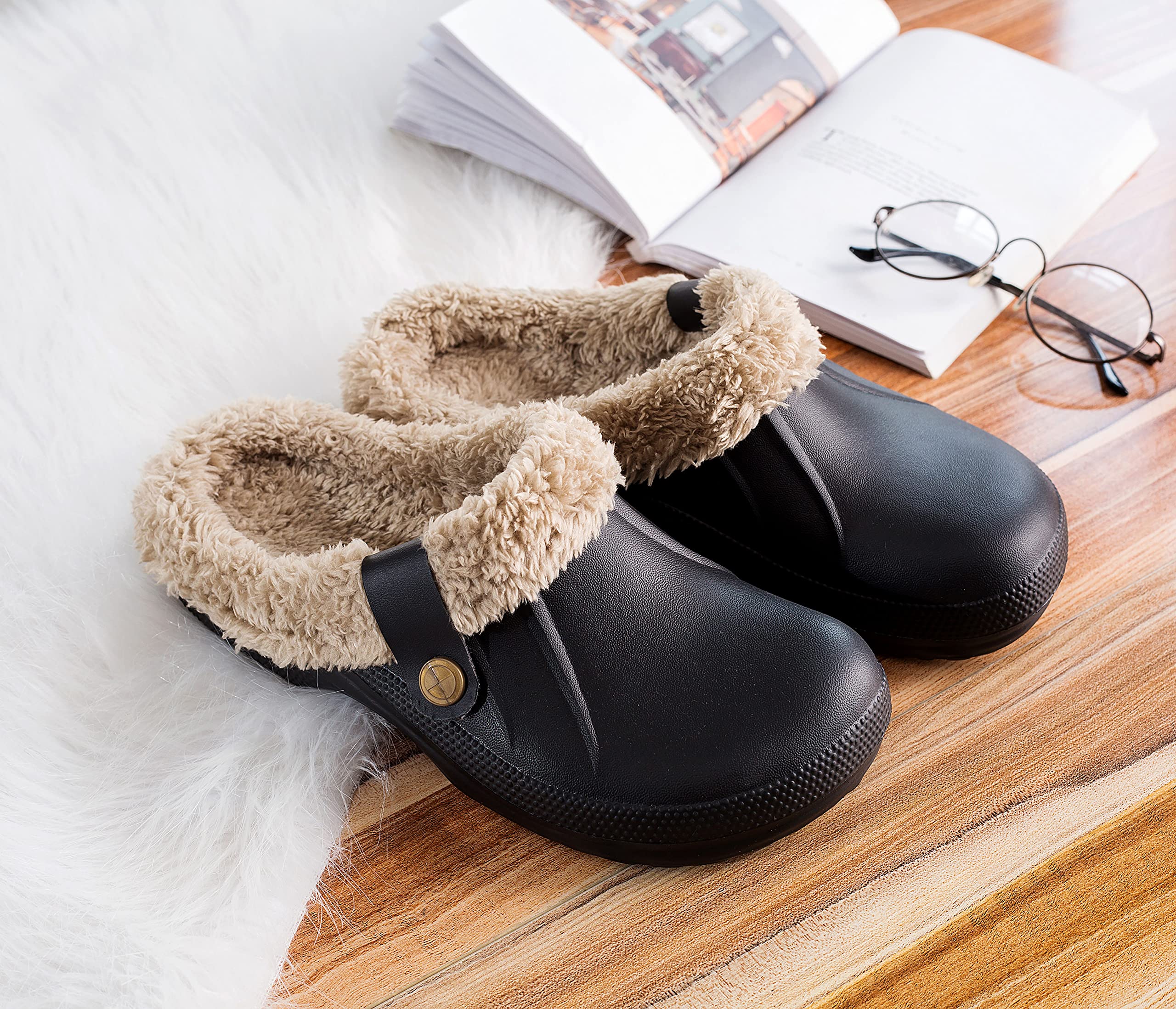 Reenloon Waterproof Slippers Women Men Fur Lined Clogs Winter Classic Outdoor Garden Comfy Warm Non-Slip Slippers