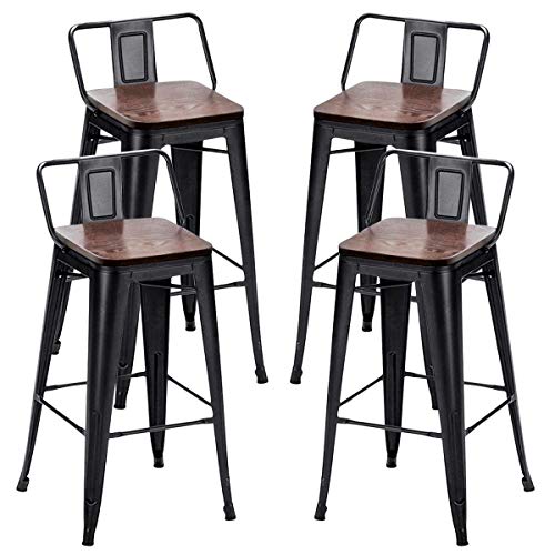 Alunaune 24β Metal Bar Stools Set of 4 Counter Height Barstools Industrial Counter Stool with Wood Top (Low Back,Matte Black)