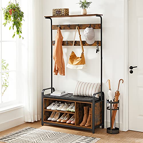 VASAGLE Hall Tree with Storage Bench, Entryway Storage with 9 Hooks, Coat Rack with Soft Bench, Shoe Rack, Steel Frame, Rustic Brown and Black UHSR099B01
