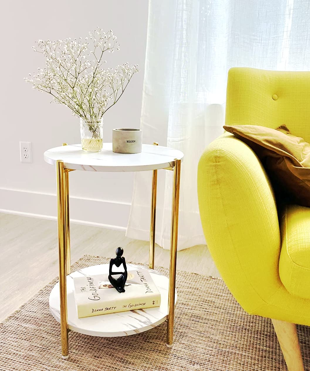 Gold End Table Faux Marble Side Table Small Round Nightstand for Living Room or Bedroom Modern Accent Table with Gold Metal Frame
