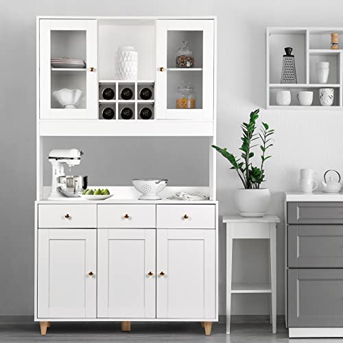 SMOOL 71" Traditional Freestanding Kitchen Pantry, Pantry Cabinet with 3 Drawers, Kitchen Cupboard with 5 Storage Cabinets, White
