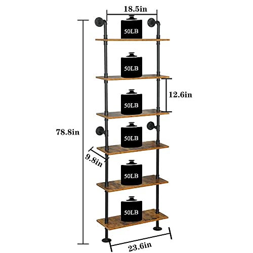 ZIOTHUM 6-Tier Industrial Pipe Shelves Shelf Shelving Rustic Wood Metal Wrought Iron Ladder Bookcase Bookshelf Wall Mounted Mount DIY Loft Vintage Floating Hanging Storage Display (23.6x9.8x78.7”)