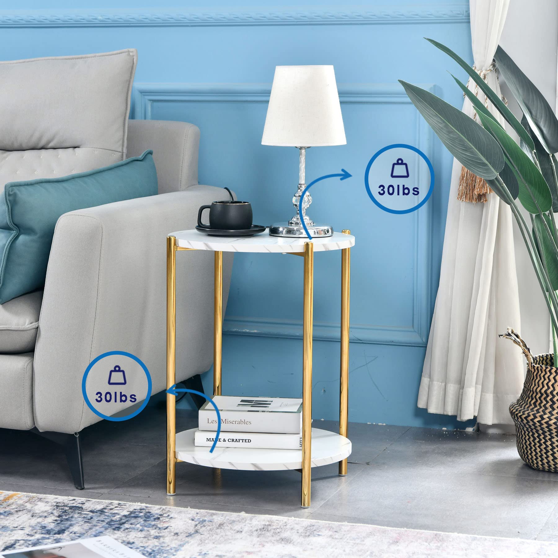 Gold End Table Faux Marble Side Table Small Round Nightstand for Living Room or Bedroom Modern Accent Table with Gold Metal Frame