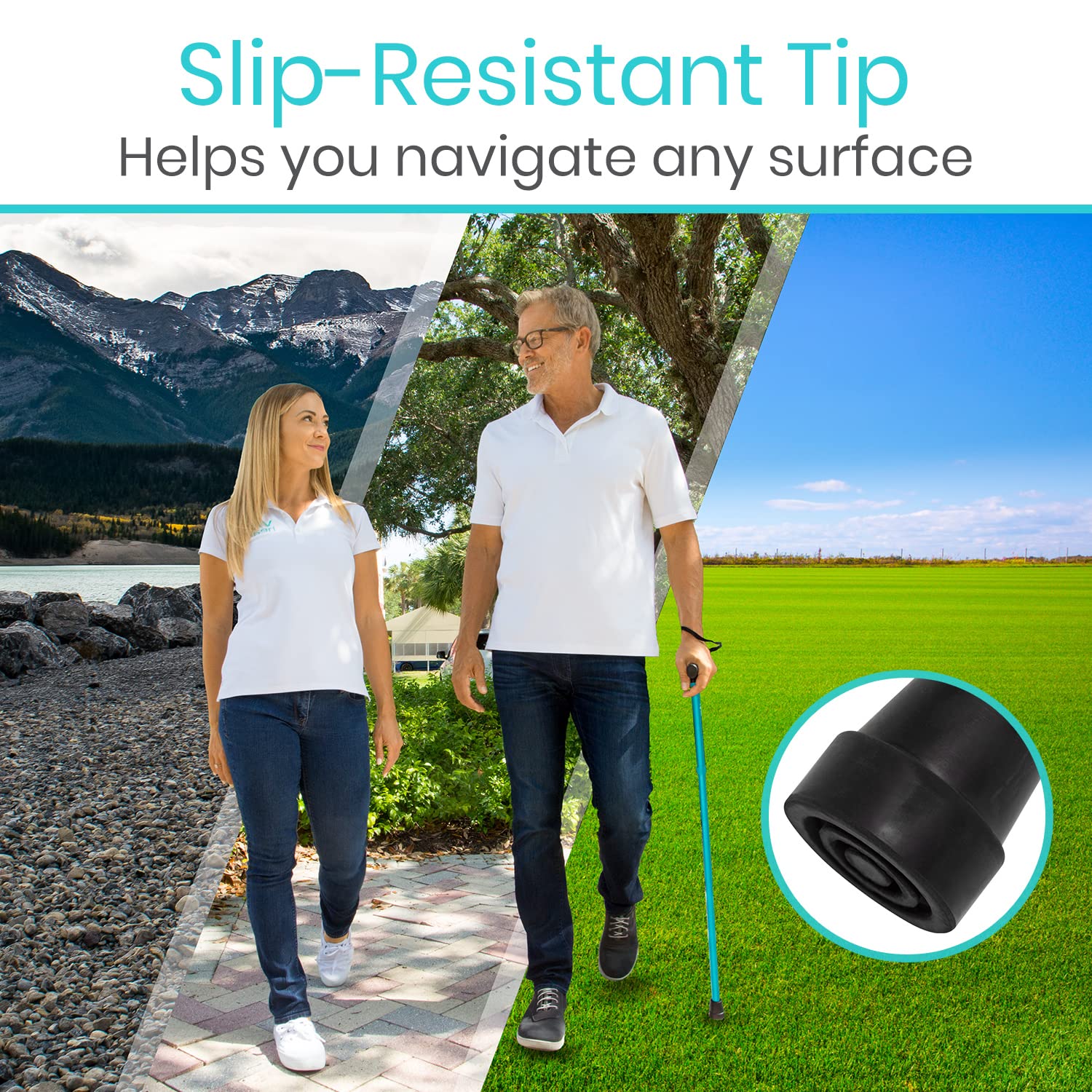 Vive Folding Cane - Foldable Walking Cane for Men, Women - Fold-up, Collapsible, Lightweight, Adjustable, Portable Hand Walking Stick - Balancing Mobility Aid - Sleek, Comfortable T Handles (Teal)