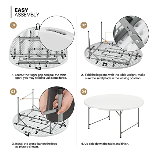 MoNiBloom 5Ft Round Folding Table, Indoor Outdoor Plastic Dining Card Table with Handle and Lock for Picnic Party Banquet Wedding, White Toptable Gray Legs