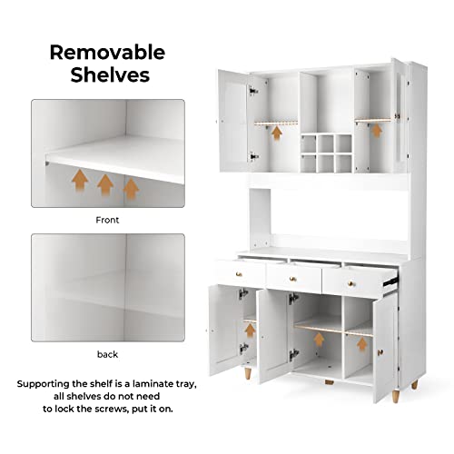 SMOOL 71" Traditional Freestanding Kitchen Pantry, Pantry Cabinet with 3 Drawers, Kitchen Cupboard with 5 Storage Cabinets, White