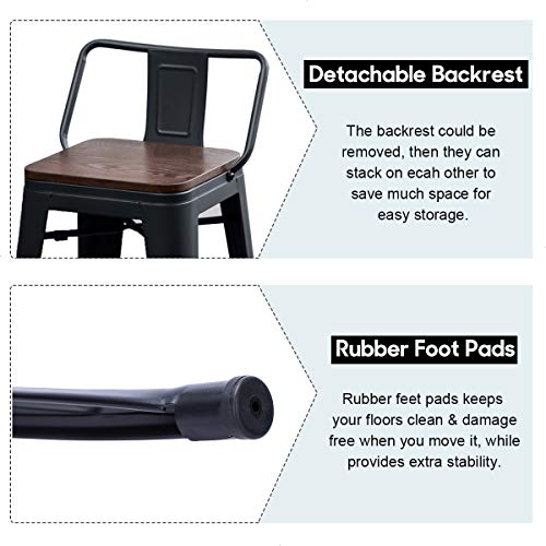 Alunaune 24β Metal Bar Stools Set of 4 Counter Height Barstools Industrial Counter Stool with Wood Top (Low Back,Matte Black)