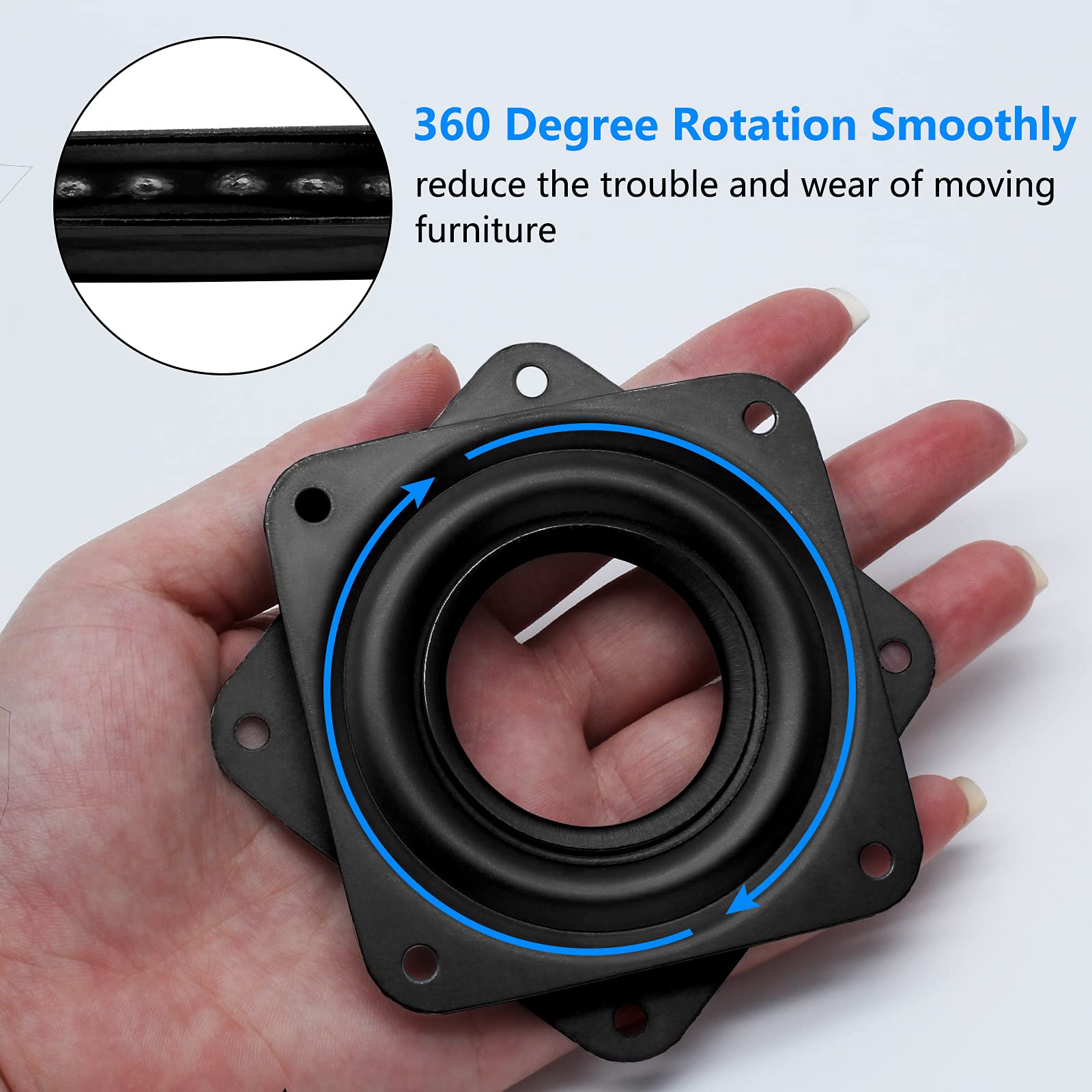 4 Pcs 3 Inch Square Rotating Bearing Plate, 150lbs Capacity Turntable Bearing Swivel Plate for Serving Trays, Kitchen Storage Racks, Makeup Holder - 5/16-Inch, Thick Black