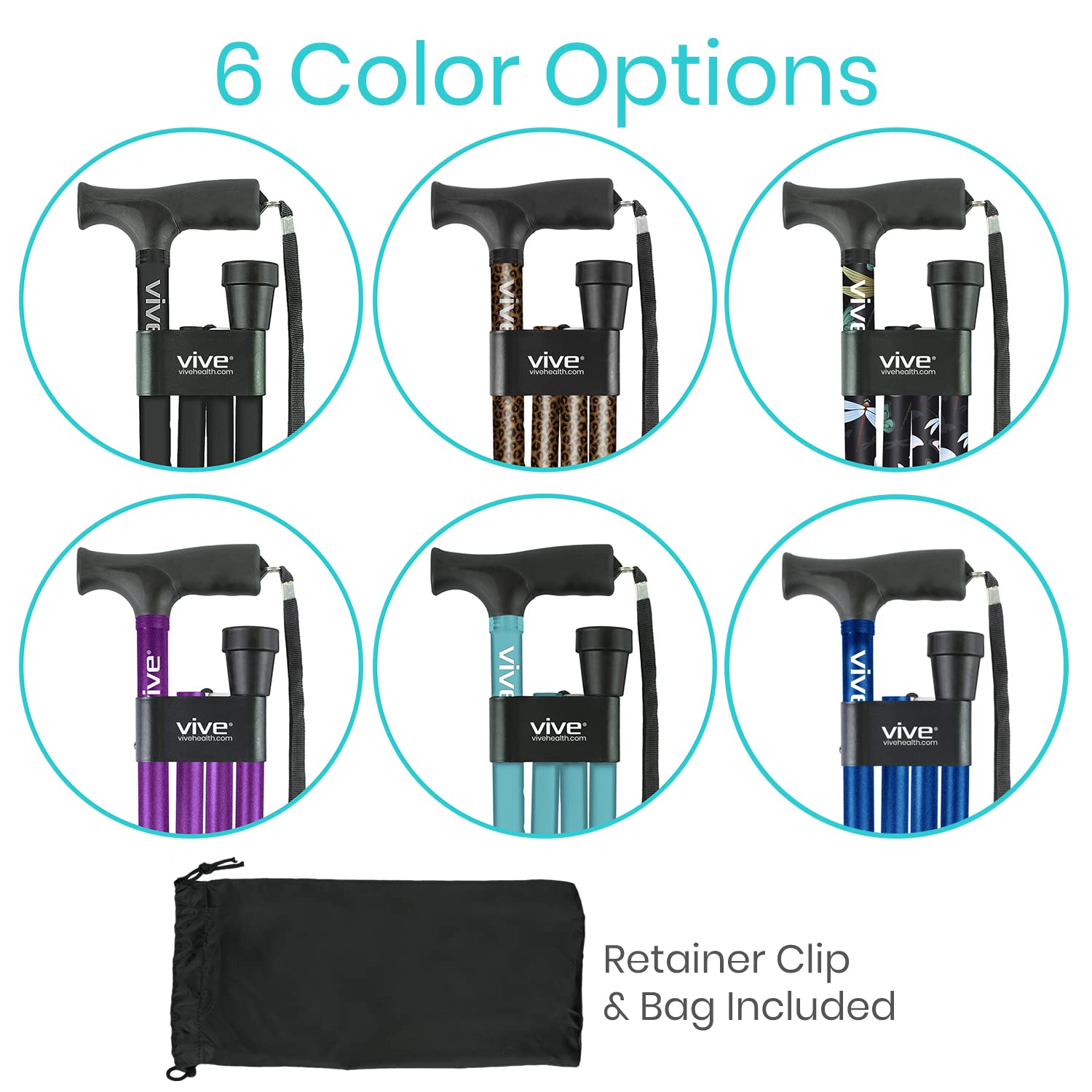 Vive Folding Cane - Foldable Walking Cane for Men, Women - Fold-up, Collapsible, Lightweight, Adjustable, Portable Hand Walking Stick - Balancing Mobility Aid - Sleek, Comfortable T Handles (Teal)