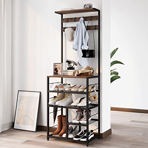 GiftGo Vintage Large 5-Tier Hall Tree with Console Table Entryway Coat Rack Freestanding Shoes Rack Storage Shelf Organizer for Home Office Bedroom (Rustic Brown)