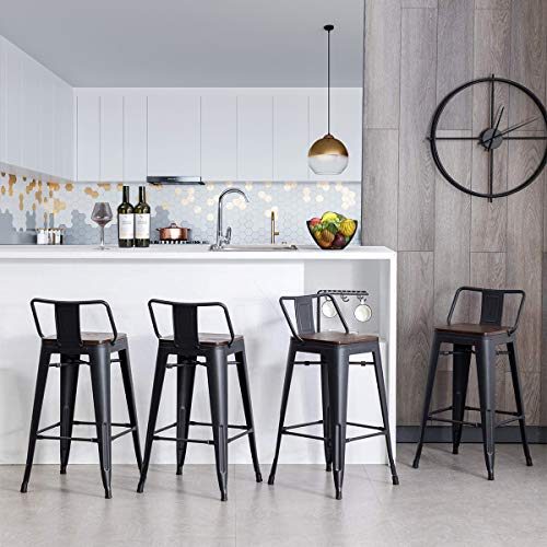 Alunaune 24β Metal Bar Stools Set of 4 Counter Height Barstools Industrial Counter Stool with Wood Top (Low Back,Matte Black)