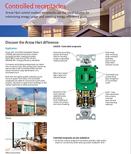 Eaton 5362CDV Arrow Hart Dual Control Heavy Duty Industrial Grade Duplex Receptacle, Auto-grounding, #14-10 AWG, 20A, Flush, 125V, Ivory, Brass, High-Impact Nylon face, 5-20R, 2-Pole (10-Pack)