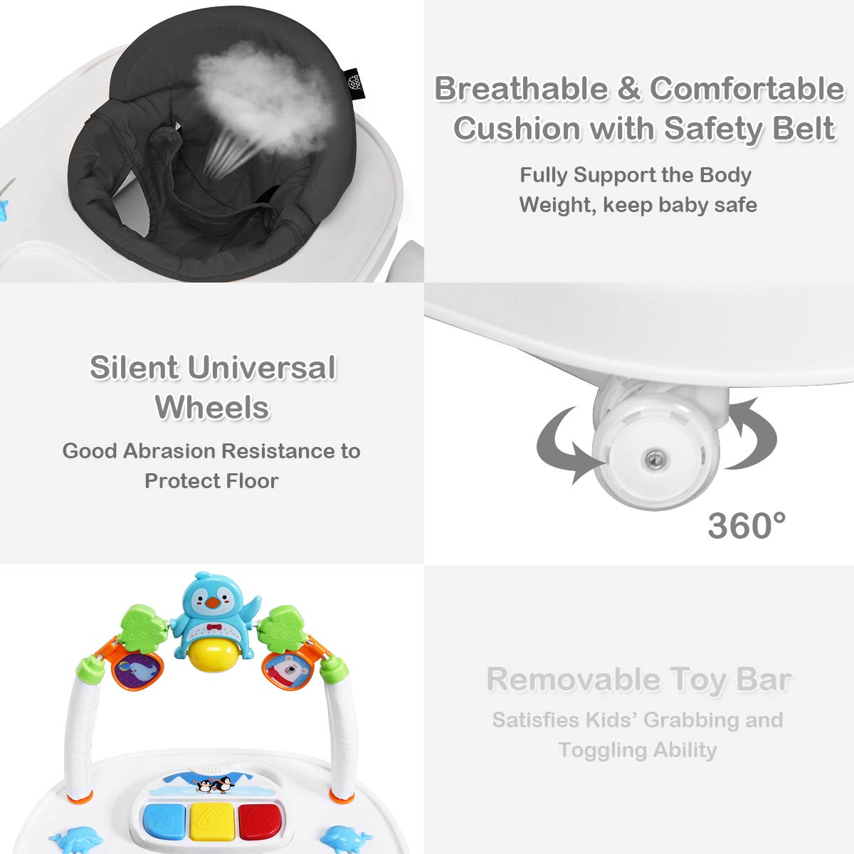 BABY JOY Baby Walker, 2 in 1 Foldable Activity Behind Walker with Adjustable Height & Speed, Friction Control Functions, Safety Belt, High Back Padded Seat, Music, Detachable Penguin Play Bar (Gray)