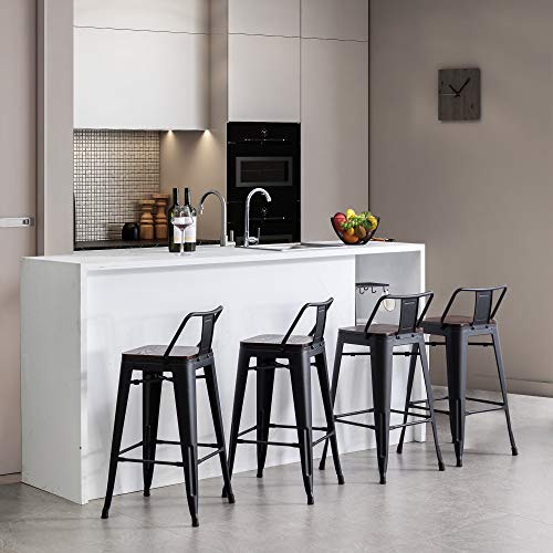Alunaune 24β Metal Bar Stools Set of 4 Counter Height Barstools Industrial Counter Stool with Wood Top (Low Back,Matte Black)