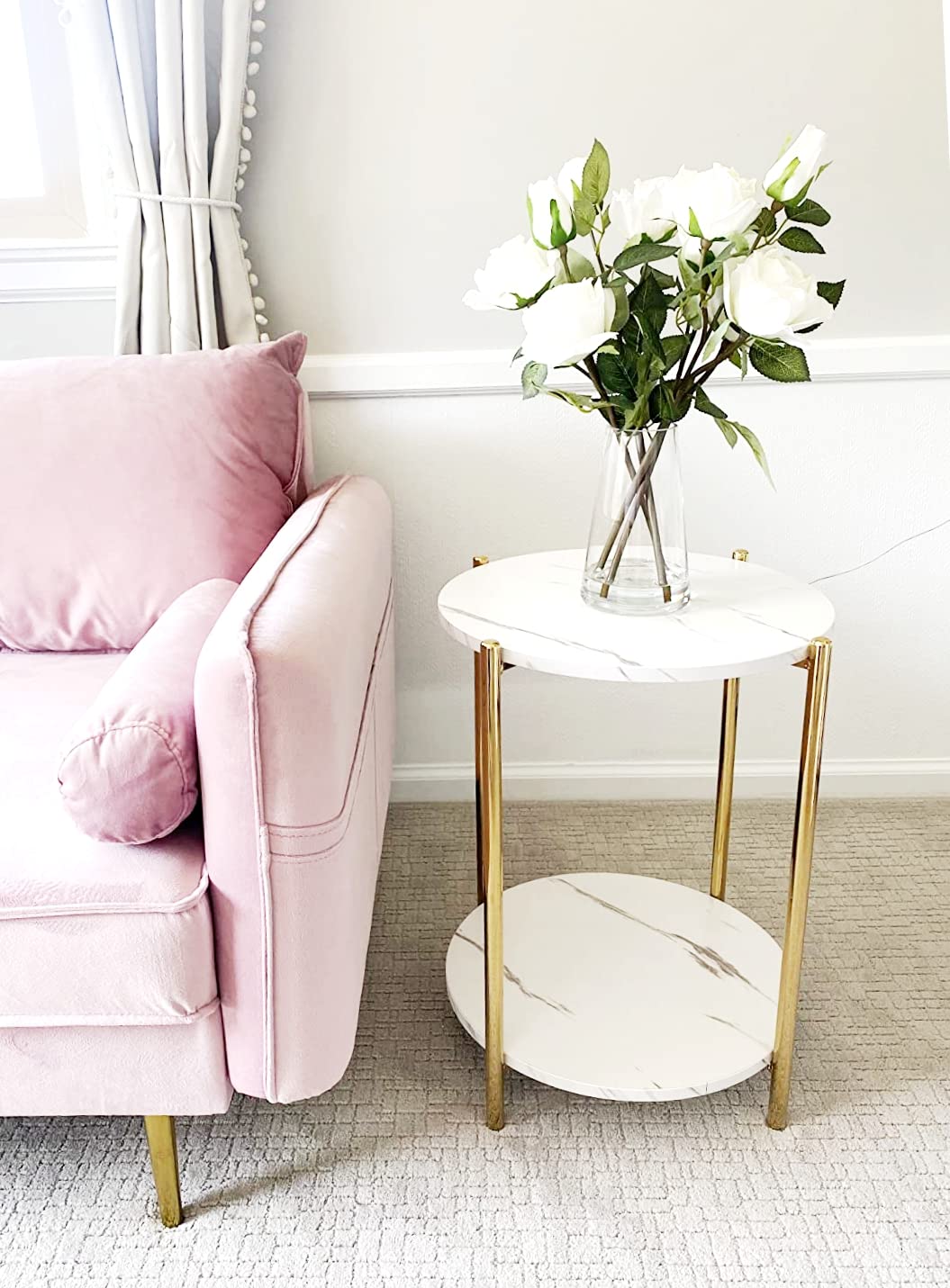 Gold End Table Faux Marble Side Table Small Round Nightstand for Living Room or Bedroom Modern Accent Table with Gold Metal Frame