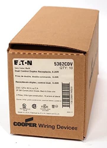 Eaton 5362CDV Arrow Hart Dual Control Heavy Duty Industrial Grade Duplex Receptacle, Auto-grounding, #14-10 AWG, 20A, Flush, 125V, Ivory, Brass, High-Impact Nylon face, 5-20R, 2-Pole (10-Pack)