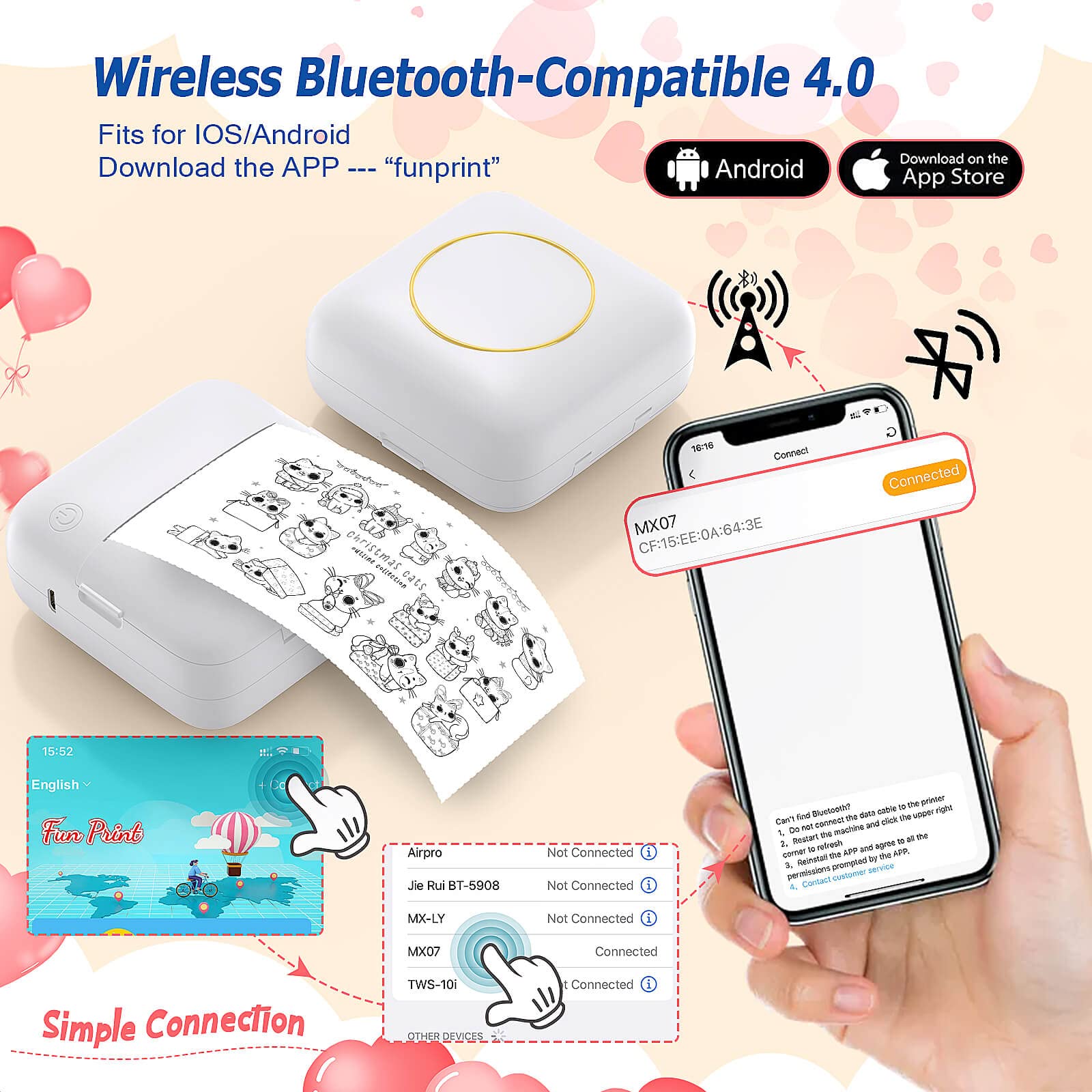 Mini Printer Portable Bluetooth-compatible Photo Printer with 10 Rolls Paper, Inkless Pocket Printer for iPhone Thermal Sticker Maker Machine Label Printer for Receipt Picture Notes Study Home Office