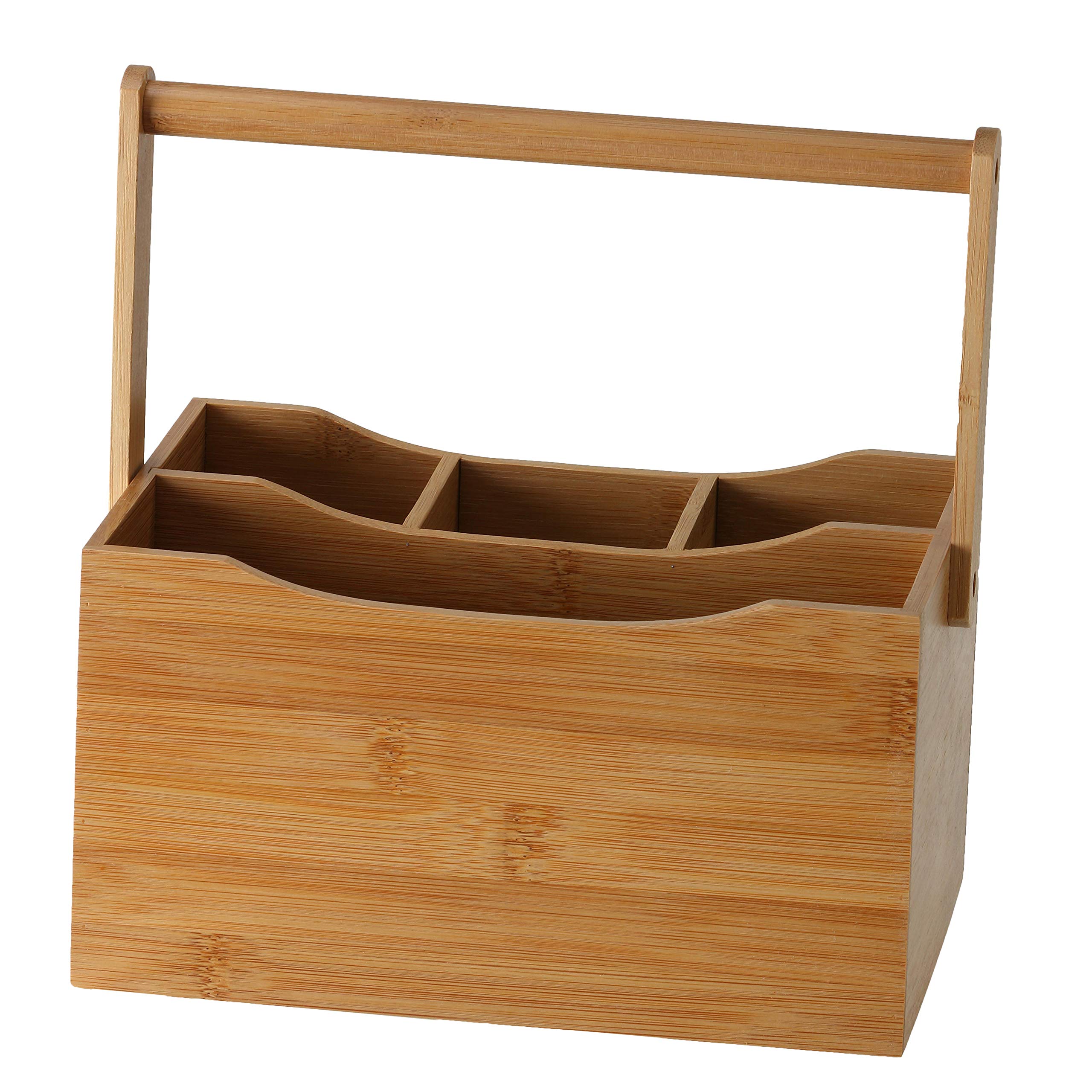 Cortesi Home Kira Natural Bamboo Cutlery Caddy Tabletop Holder with Handle and 4 Compartments, Brown
