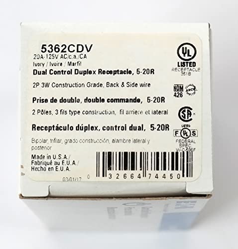 Eaton 5362CDV Arrow Hart Dual Control Heavy Duty Industrial Grade Duplex Receptacle, Auto-grounding, #14-10 AWG, 20A, Flush, 125V, Ivory, Brass, High-Impact Nylon face, 5-20R, 2-Pole (10-Pack)