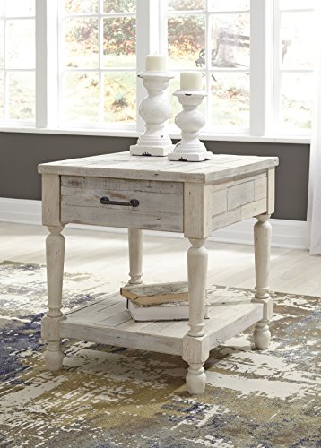 Signature Design by Ashley Shawnalore Farmhouse Solid Pine Wood End Table, Weatherworn White Finish