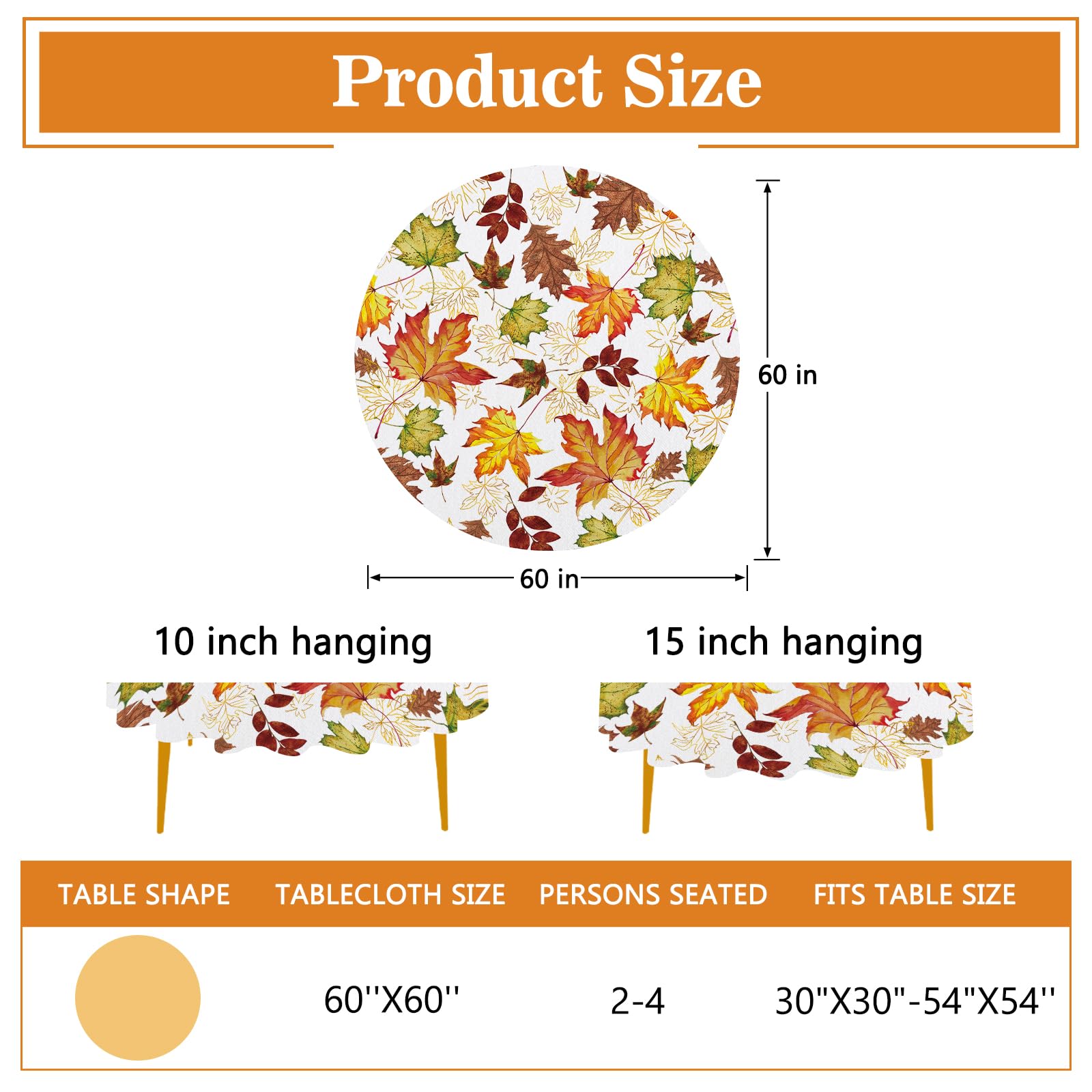 Tailus Fall Maple Leaves Round Tablecloth 60 x 60 Inch, Autumn Gold Leaf Decorative Table Cloth Rustic Dining Table Cover, Farmhouse Thanksgiving Dinner Party Picnic Decoration