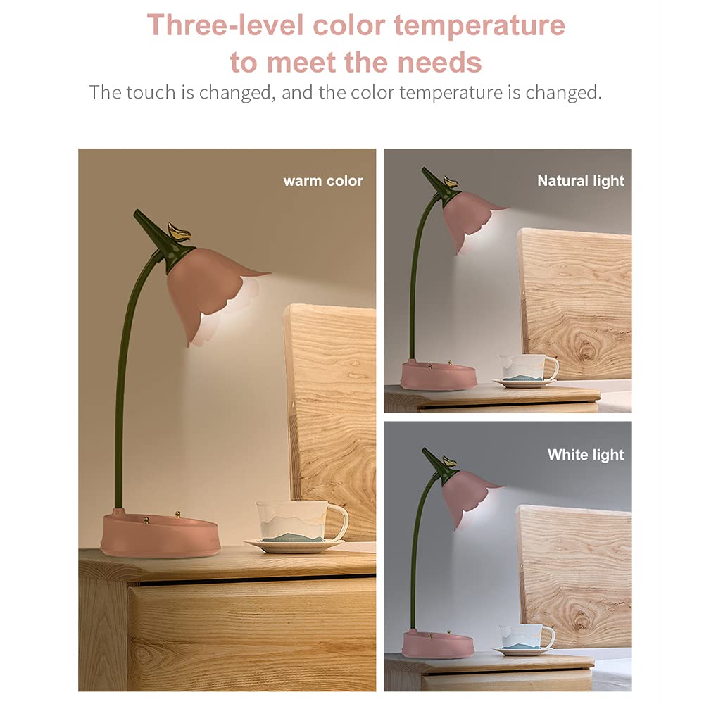magical JD LED Desk Lamp Cordless Table Light Adjustable Gooseneck Dimmable Touch Rechargeable Battery Eye-Caring Night Light for Kids,Mini Cute Lamp for College Dorm Bedroom Reading (Pink)