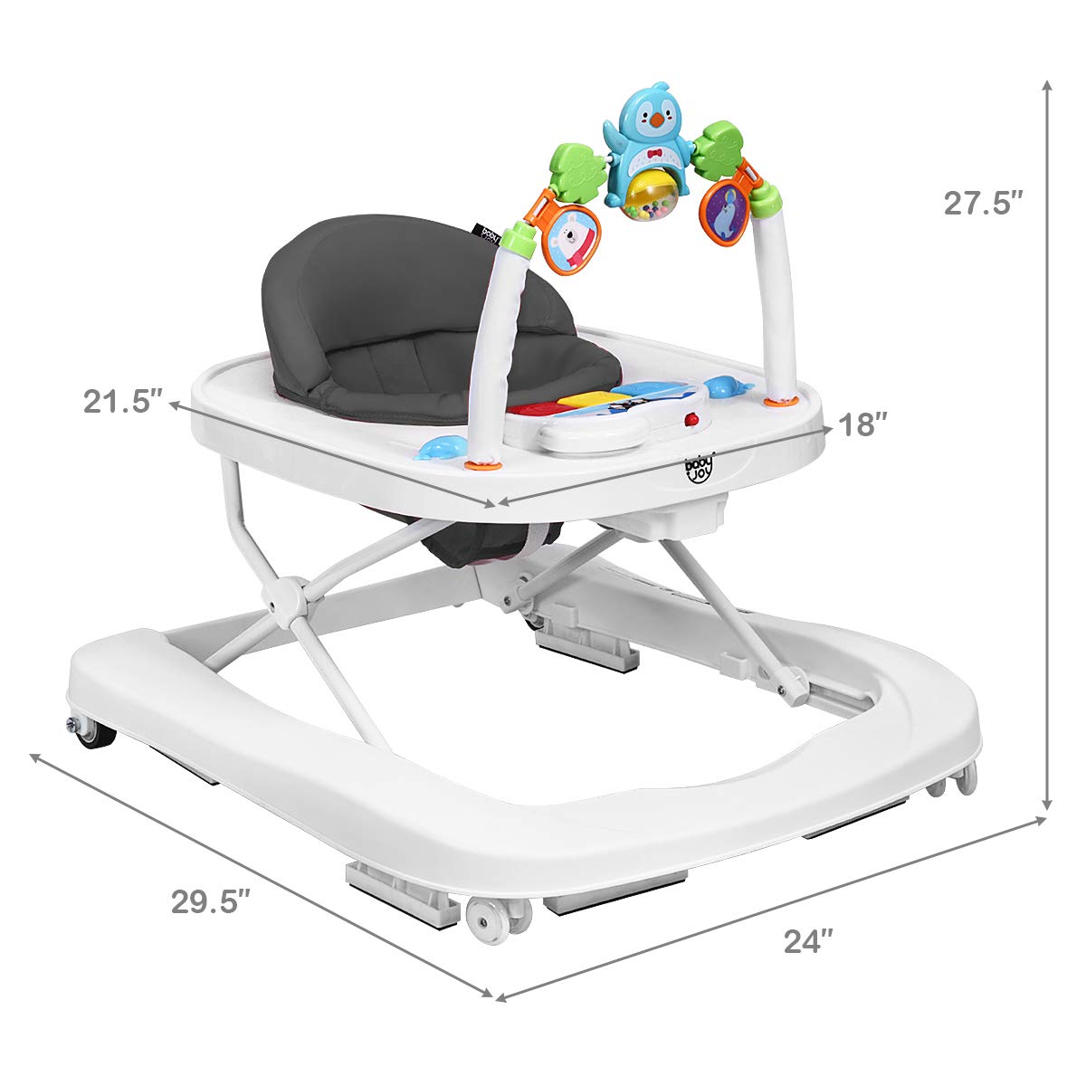 BABY JOY Baby Walker, 2 in 1 Foldable Activity Behind Walker with Adjustable Height & Speed, Friction Control Functions, Safety Belt, High Back Padded Seat, Music, Detachable Penguin Play Bar (Gray)
