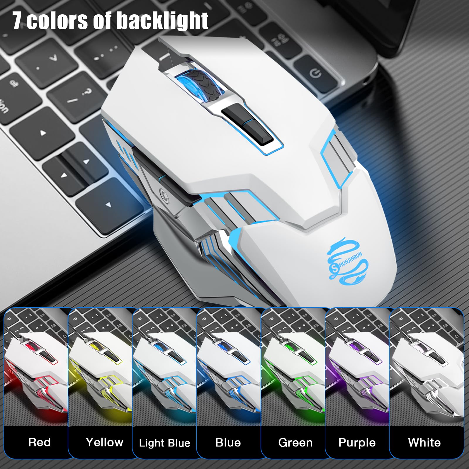 White Wireless Gaming Mouse Bluetooth Mouse with 3-Modes(BT5.0+BT3.0+2.4GHz), Rechargeable, RGB Backlit, Silent Click Computer Mouse for Laptop, PC, Macbook, iPad, Tablet, Chromebook, Games, Office