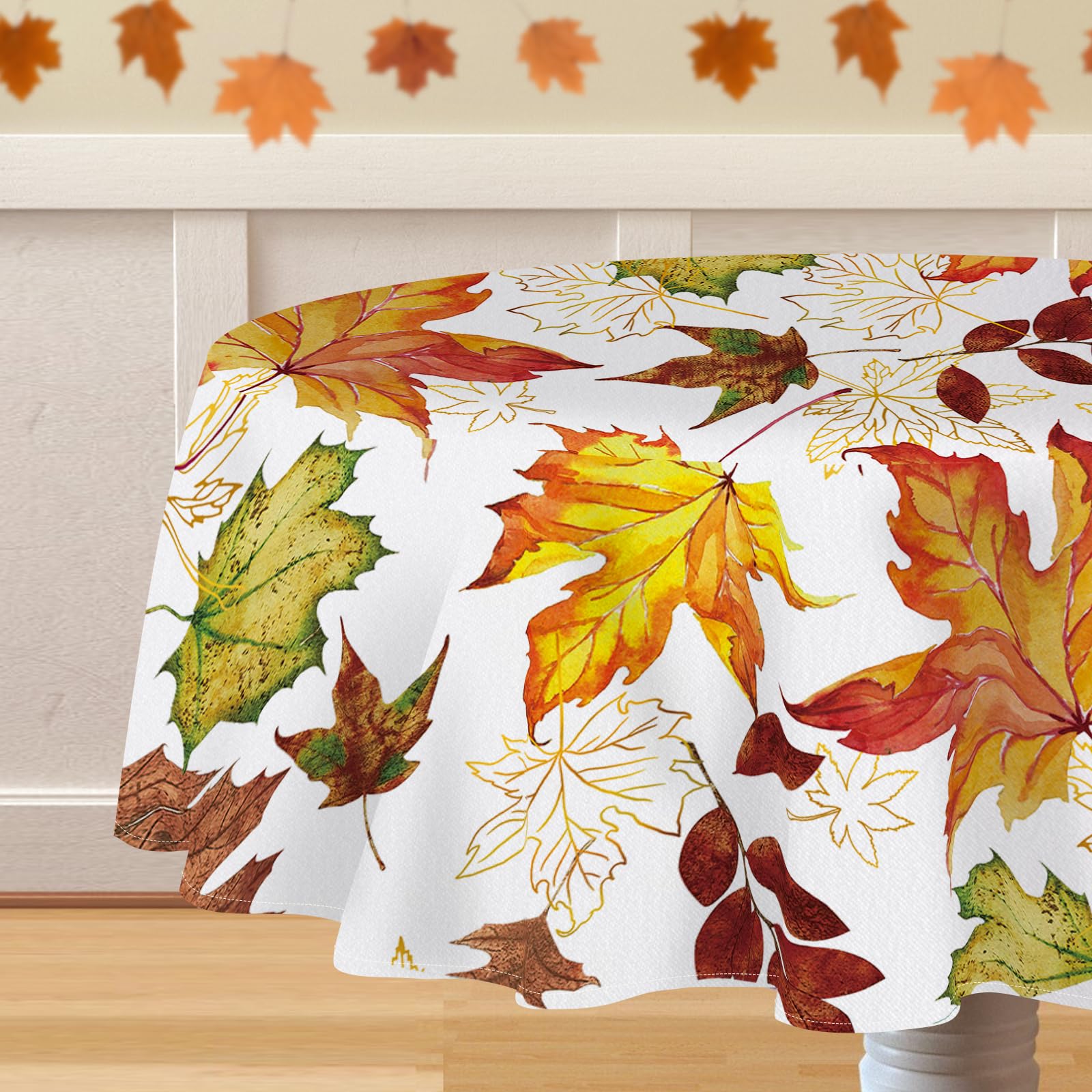 Tailus Fall Maple Leaves Round Tablecloth 60 x 60 Inch, Autumn Gold Leaf Decorative Table Cloth Rustic Dining Table Cover, Farmhouse Thanksgiving Dinner Party Picnic Decoration