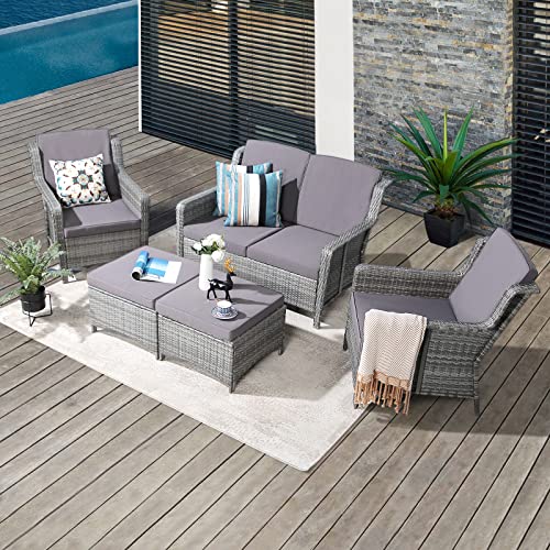 JOIVI Patio Furniture Set, 5 Piece All Weather Wicker Outdoor Conversation Set, Outdoor Sectional Sofa Set with PE Rattan Loveseat couch, Armchairs and Ottomans for Garden, Porch, Deck (Gray Cushions)